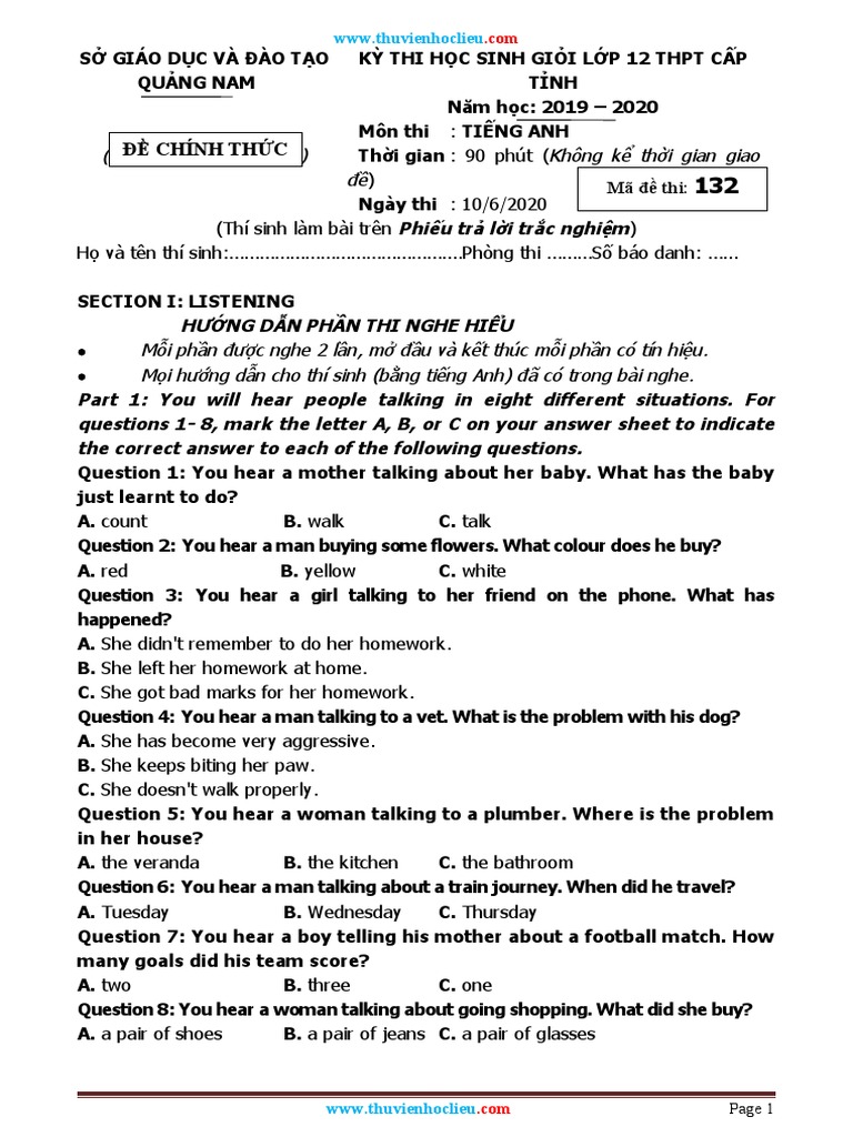 De Thi HSG Tieng Anh 12 Quang Nam 2020 | PDF | Oceans | Water