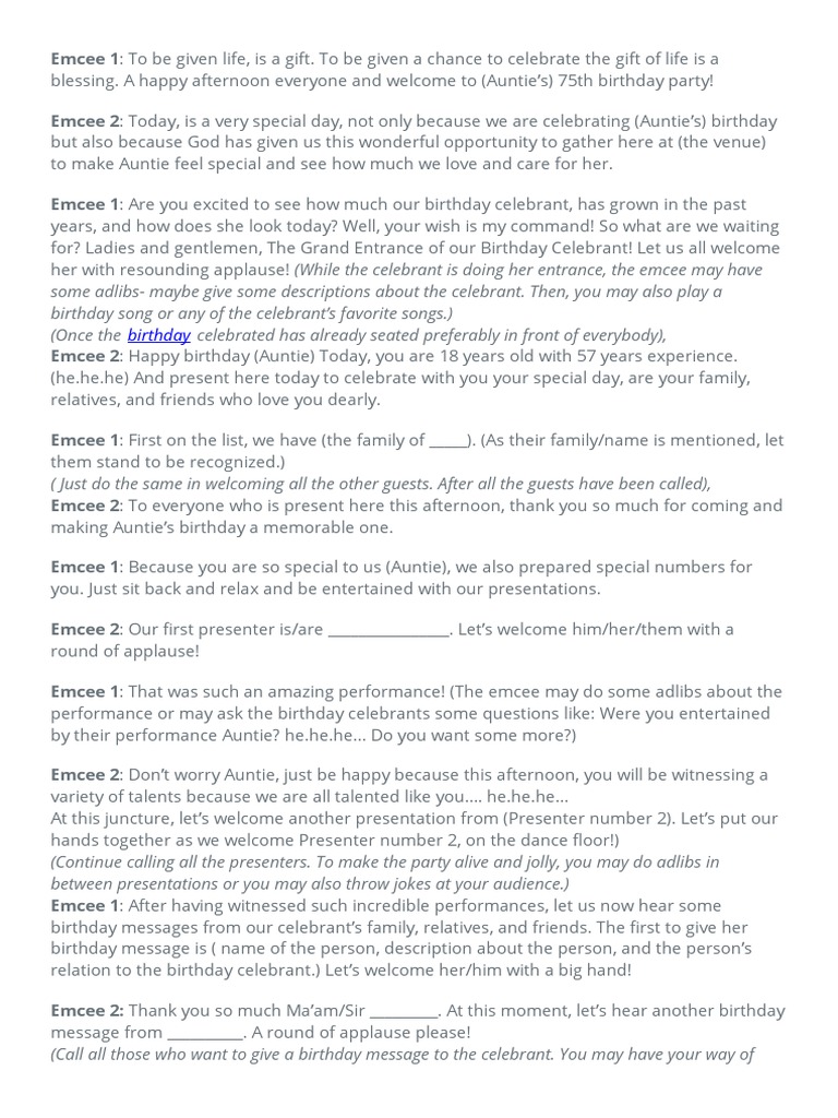 75th Birthday Celebration Program Script | PDF | Language Arts ...