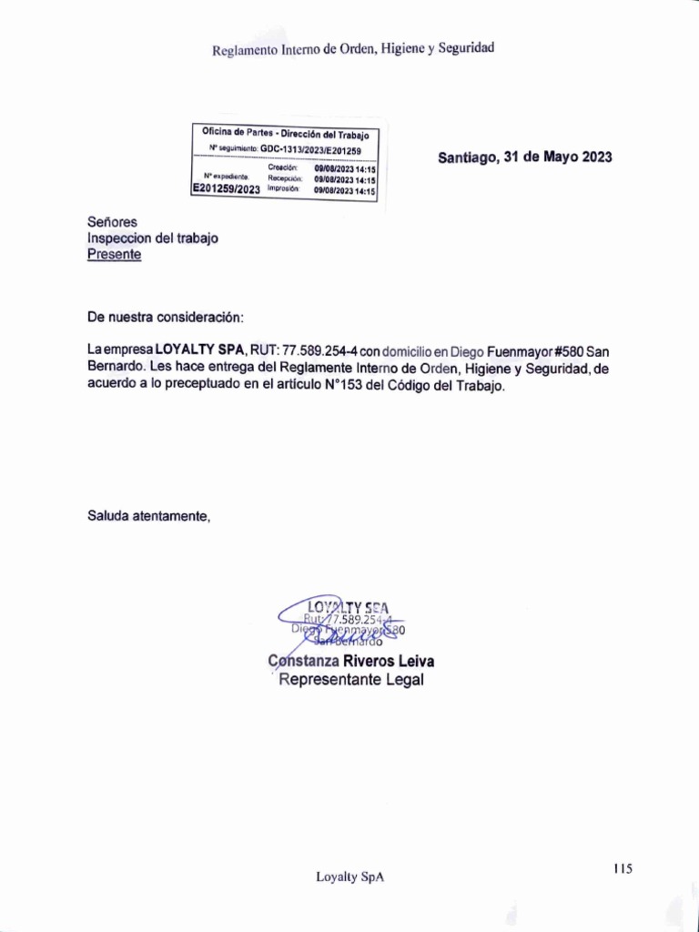 CARTA RECEPCION INSPECCION DEL TRABAJO MAYO 2023 | PDF