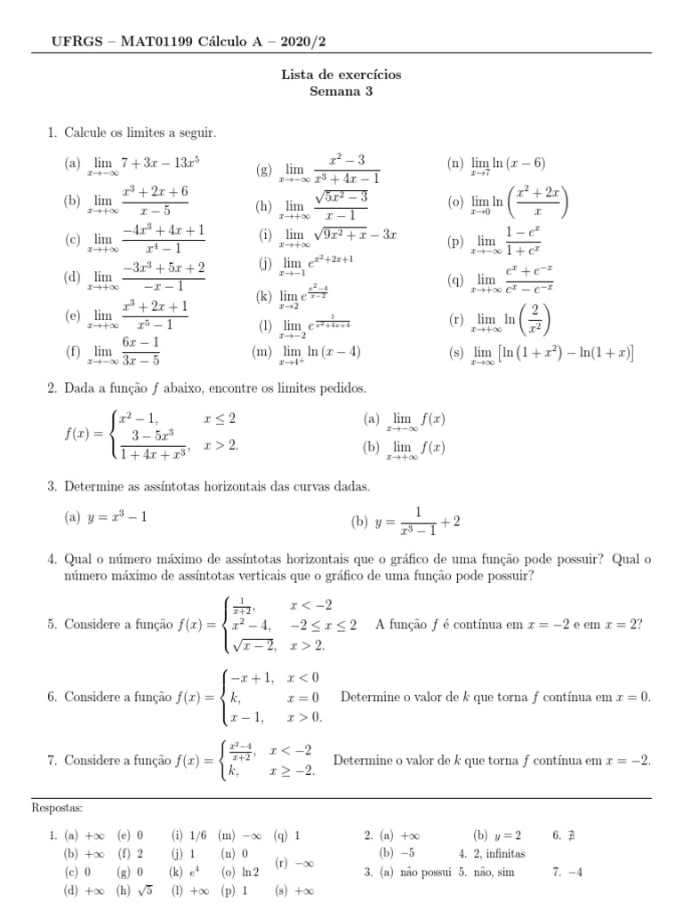 Lista3 CalculoA 2020-2 | PDF | Analise matemática | Matemática