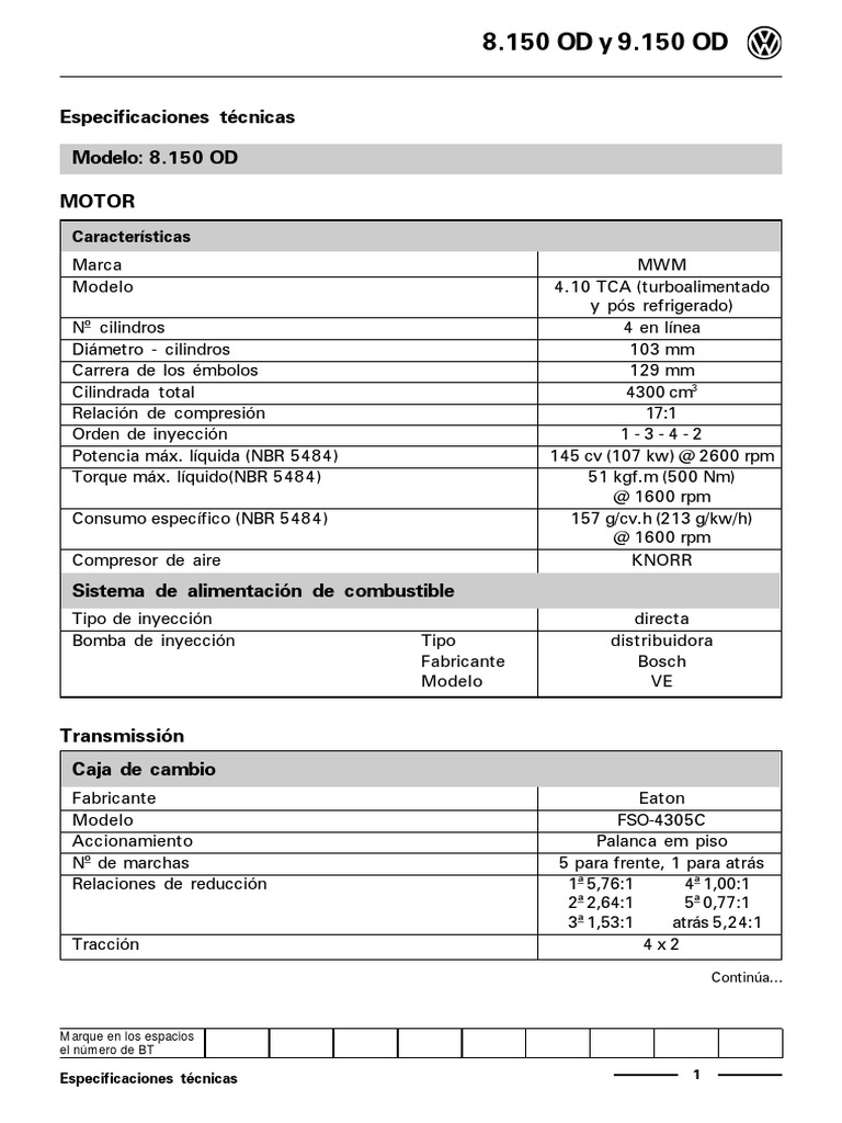8.150 OD y 9.150 OD: Especificaciones Técnicas Modelo: 8.150 OD Motor | PDF | Inyección de ...