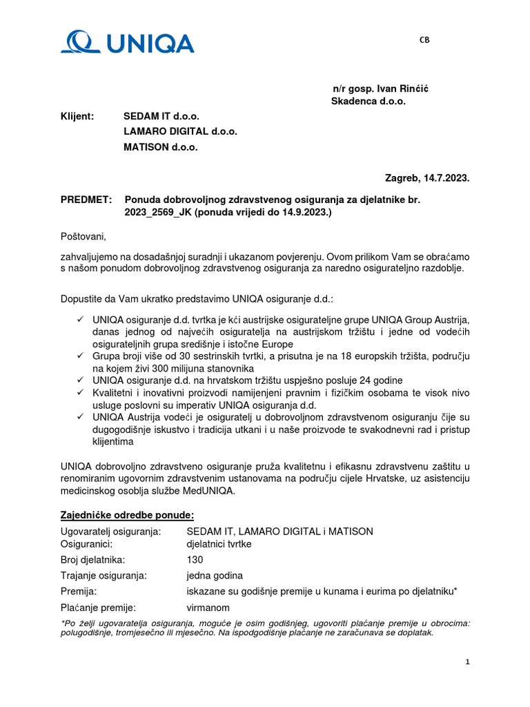 Ponuda Dodatnog Zdravstvenog Osiguranja - 2023 | PDF