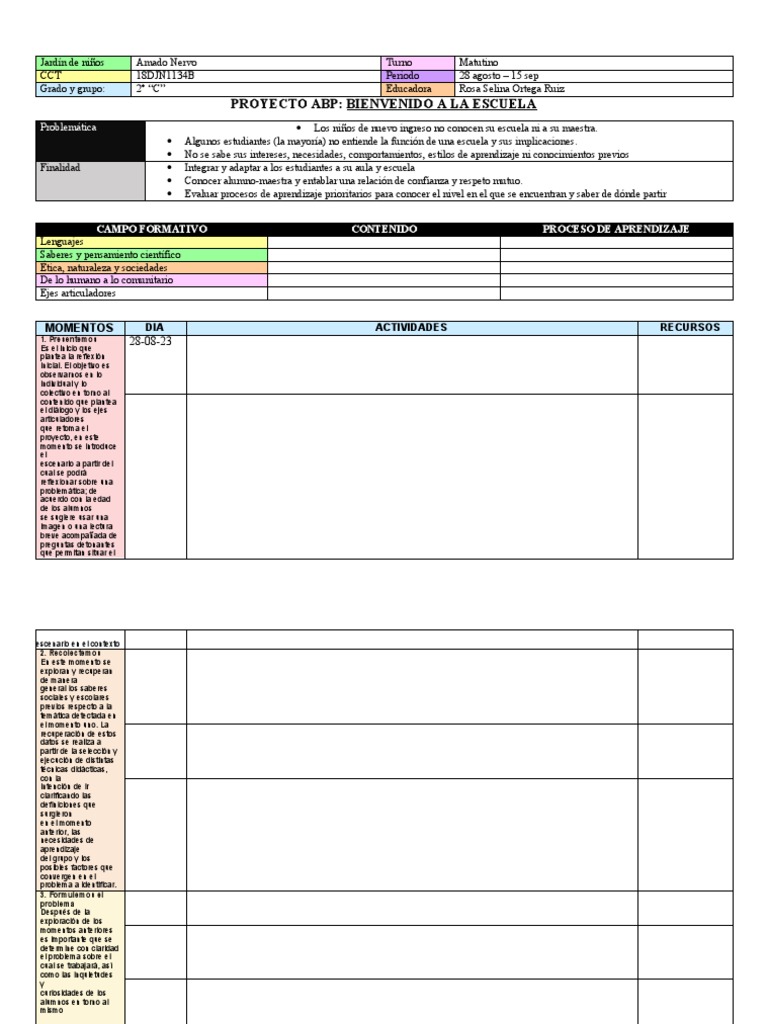 Formato Proyecto Abp | PDF | Aprendizaje | Educación de la primera infancia