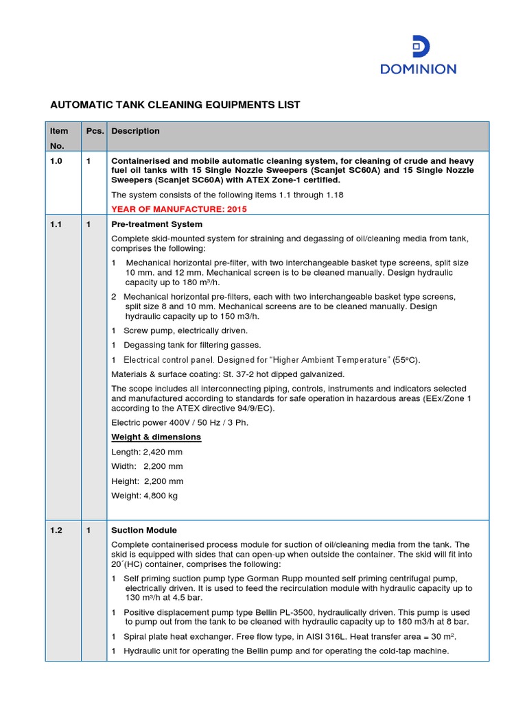 Anx-01 - Automatic Tank Cleaning Equipments List | PDF | Pump ...