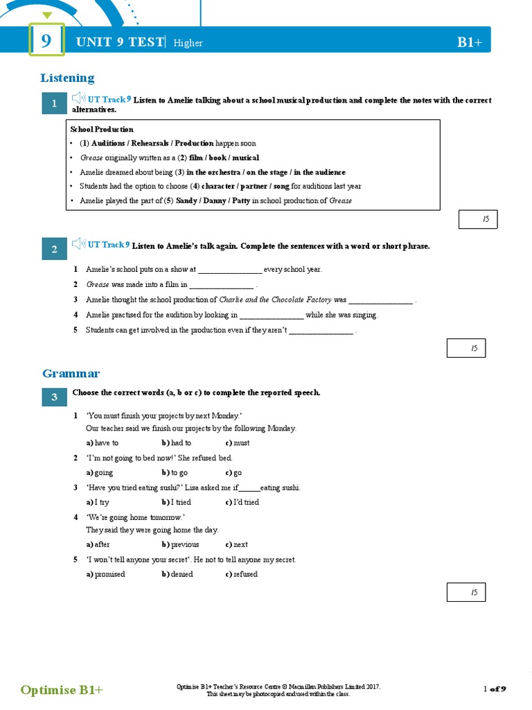 Optimise B1+ Unit 9 Test Overview | PDF