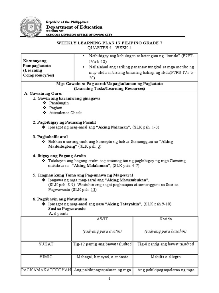 Week 1 WLP in Fil 7 - Q4 | PDF