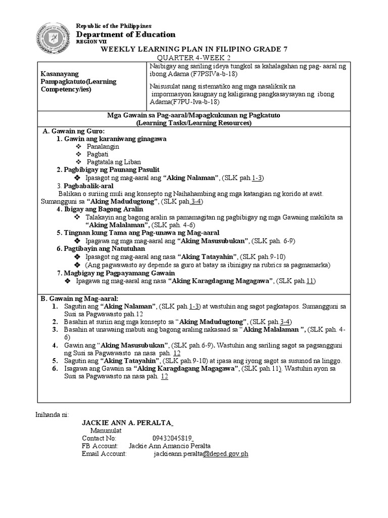 Week 2 WLP in Fil 7 - Q4 | PDF