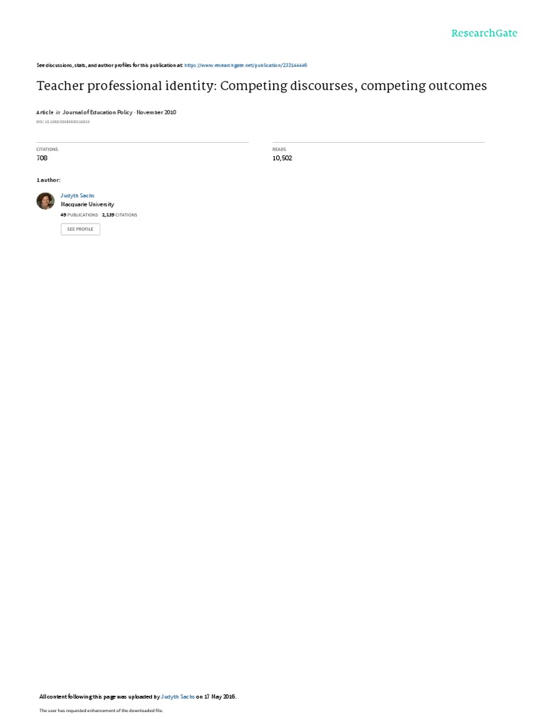 Teacher Professional Identity: Competing Discourses, Competing Outcomes ...