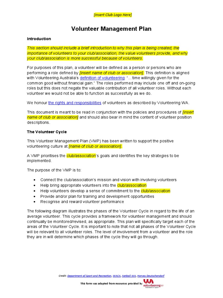 Volunteer Management Plan Template | PDF | Recruitment | Volunteering
