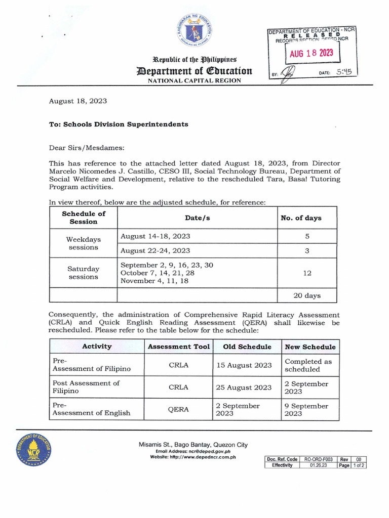 Regional Letter No. 215 S. 2023 Rescheduled Tara Basa Tutoring Program ...