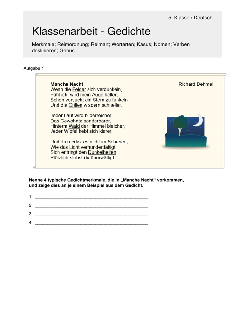 Klassenarbeit - Gedichte: 5. Klasse / Deutsch | PDF