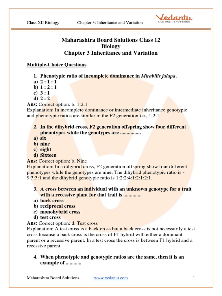 Maharashtra Board Class 12 Solutions For Biology Chapter 3 Inheritance ...