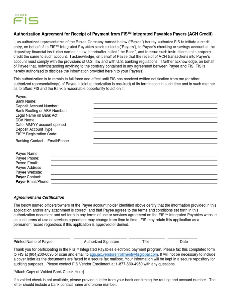 FIS Authorization Agreement 2021 | PDF | Payments | Cheque