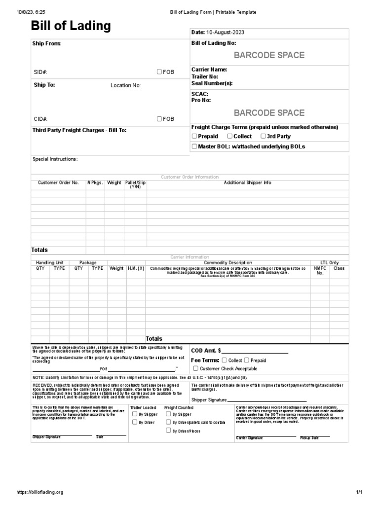 Bill of Lading Form - Printable Template | PDF | Cargo | Bill Of Lading