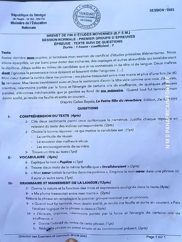 EPREUVE BFEM 2023 Texte Suivi de Questions, Sénégal | PDF