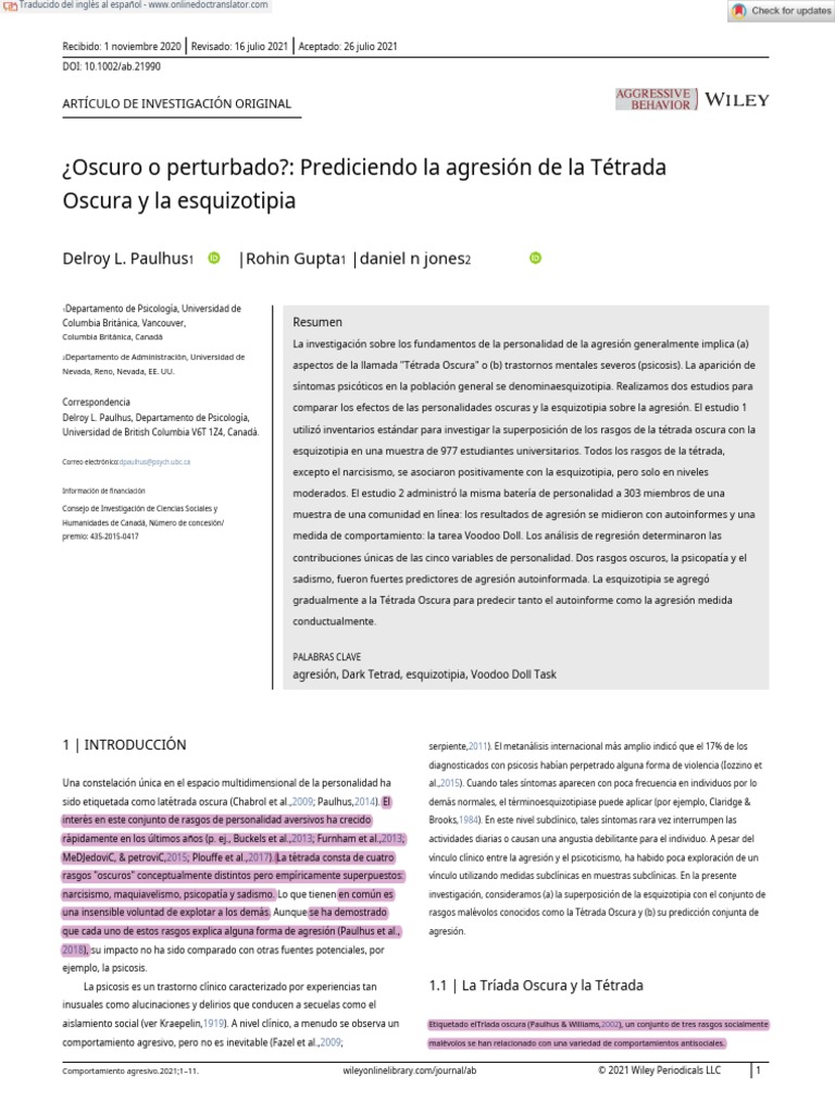 Dark or Disturbed. Predicting Agression From The Dark Tetrad - En.es ...