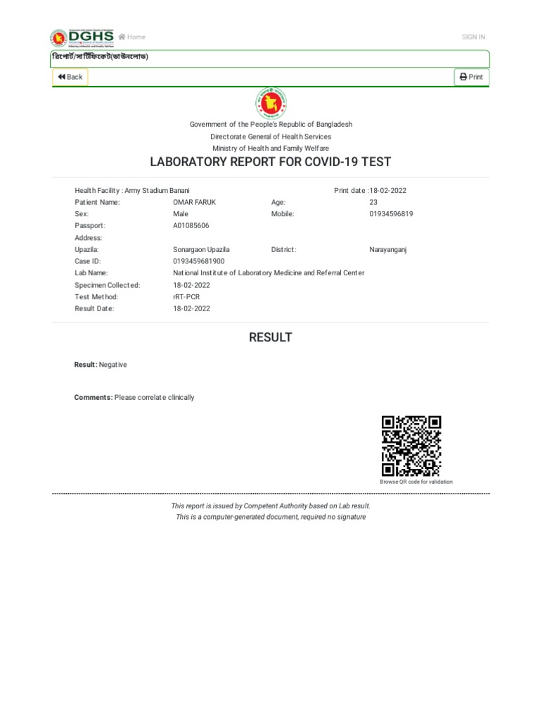 COVID-19 Test Report for Omar Faruk | PDF
