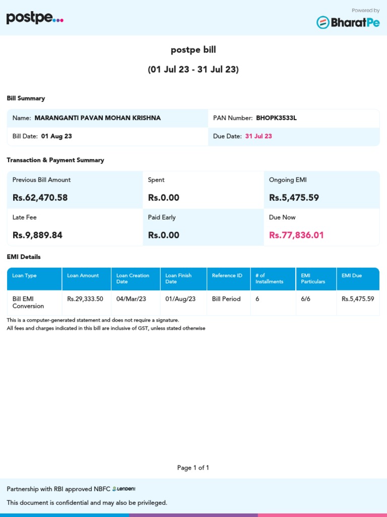 Postpe Bill (01 Jul 23 - 31 Jul 23) | PDF