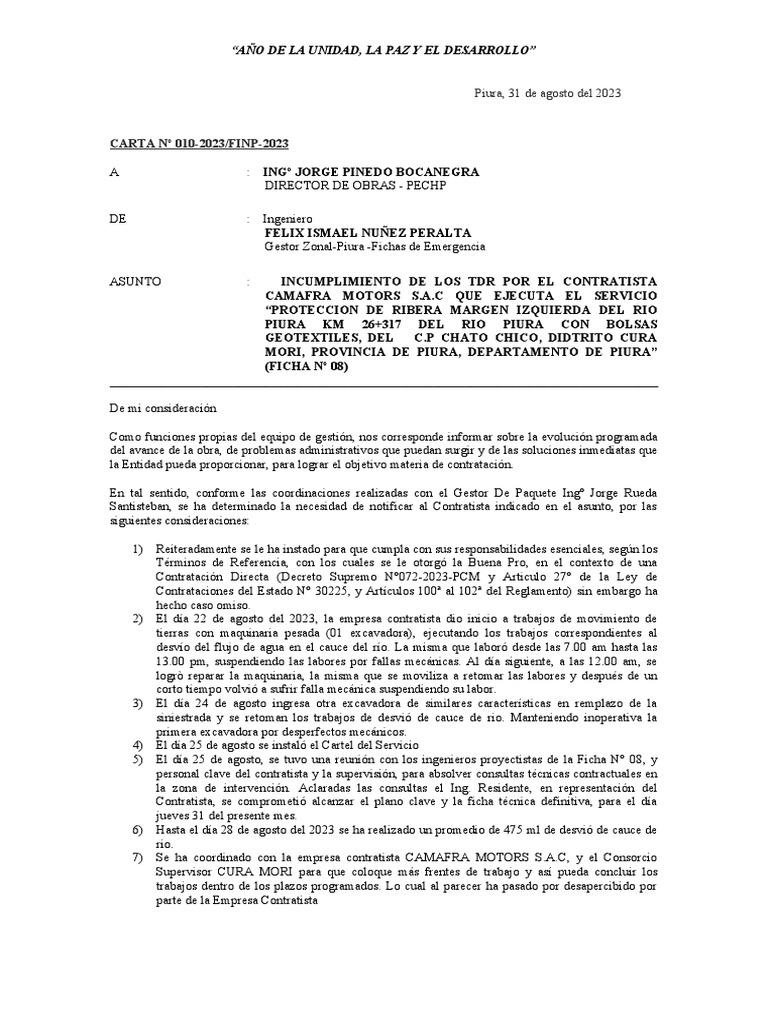 CARTA #10 A OBRAS para Notificar Incumplimiento A Contratista Ficha 8 | PDF