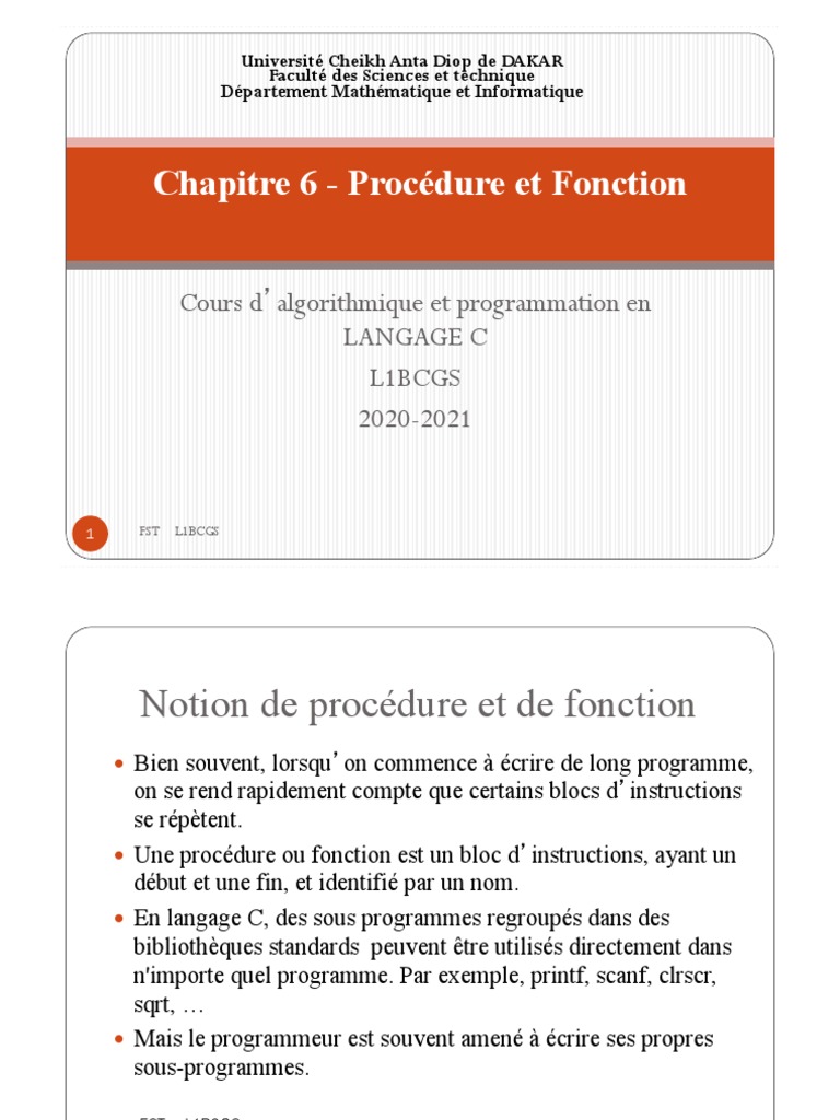 Chapitre 6 - Procedure Et Fonction | PDF | Paramètre (Programmation ...