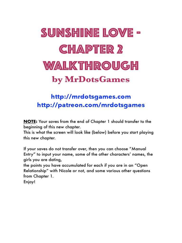 Sunshine Love v.0.2 Walkthrough Ch2 Subscribestar Version | PDF