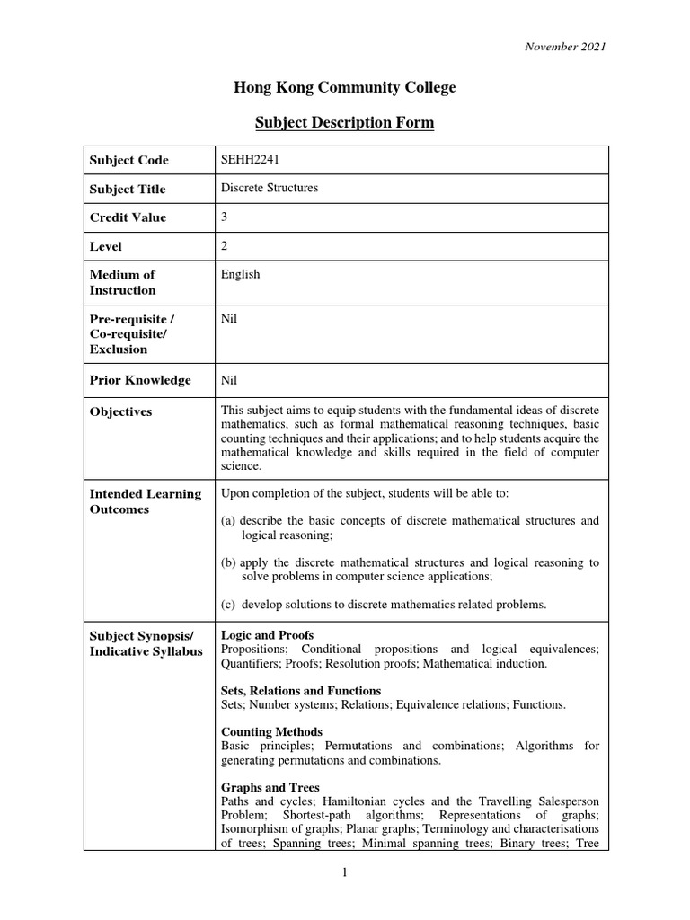Discrete Structures Syllabus SEHH2241 | PDF | Discrete Mathematics ...