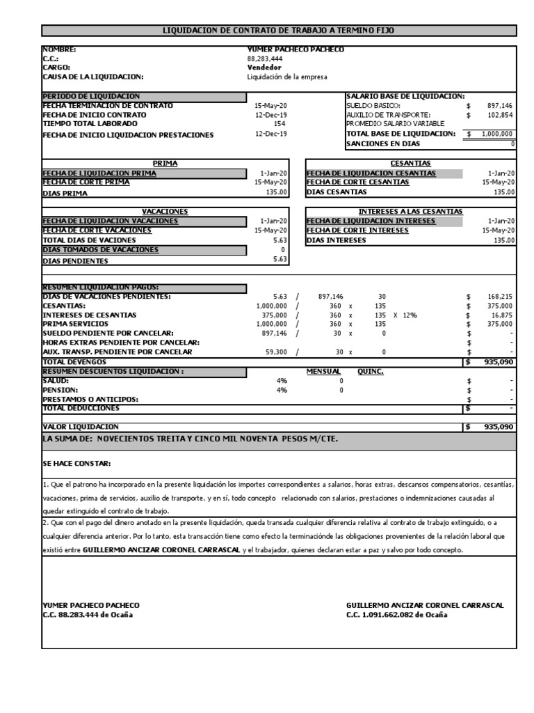 Formato Liquidación de Contrato de Trabajo | PDF | Liquidación | Economias