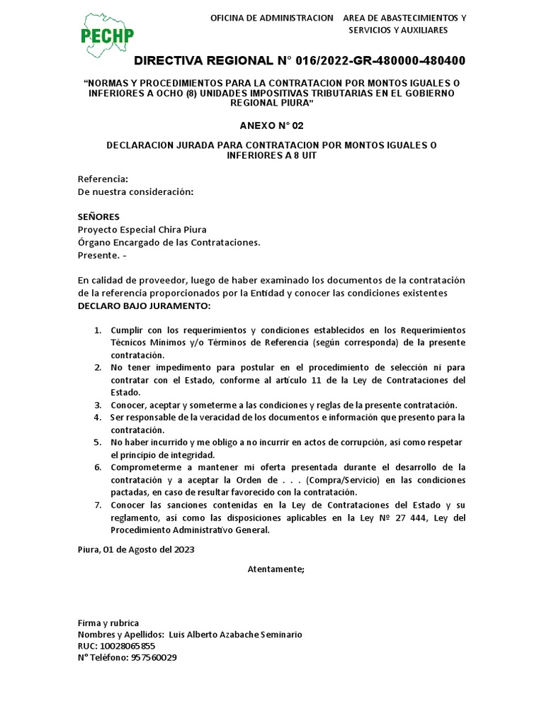 Anexo 02 Declaracion Jurada Ingazabache Ok | PDF