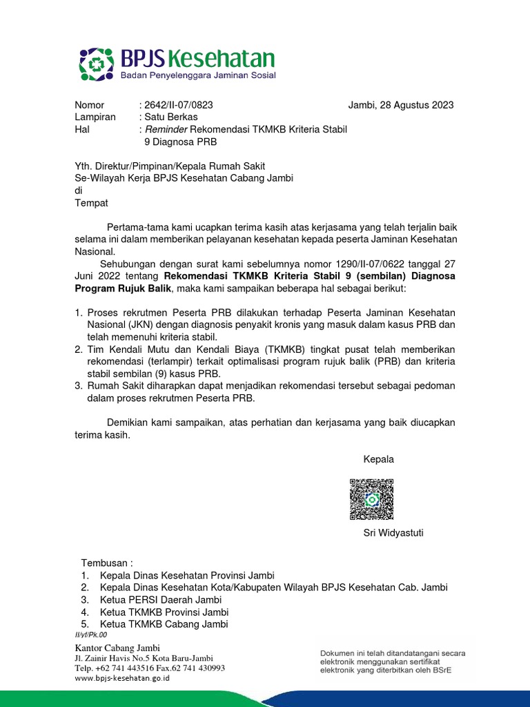 Surat Reminder Rekomendasi TKMKB Kriteria Stabil PRB | PDF