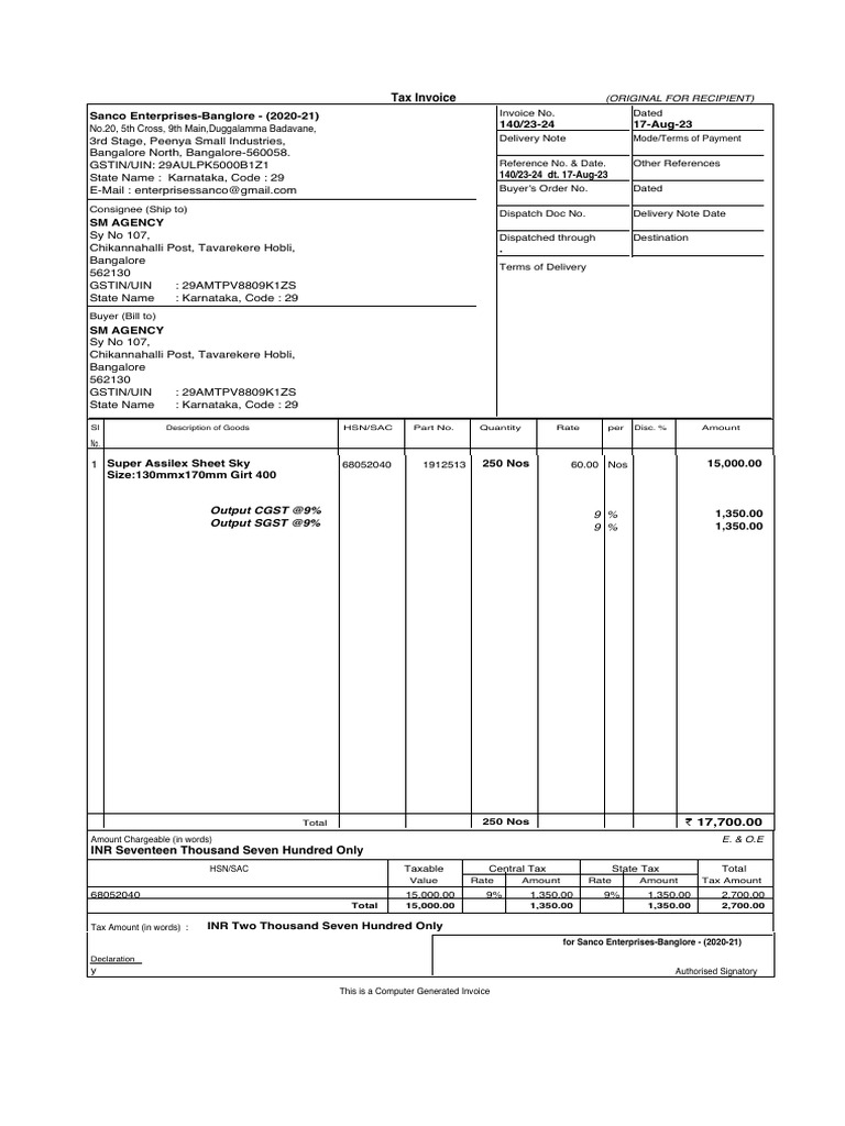 Tax Invoice for Sanco Enterprises 2023 | PDF | Invoice | Government