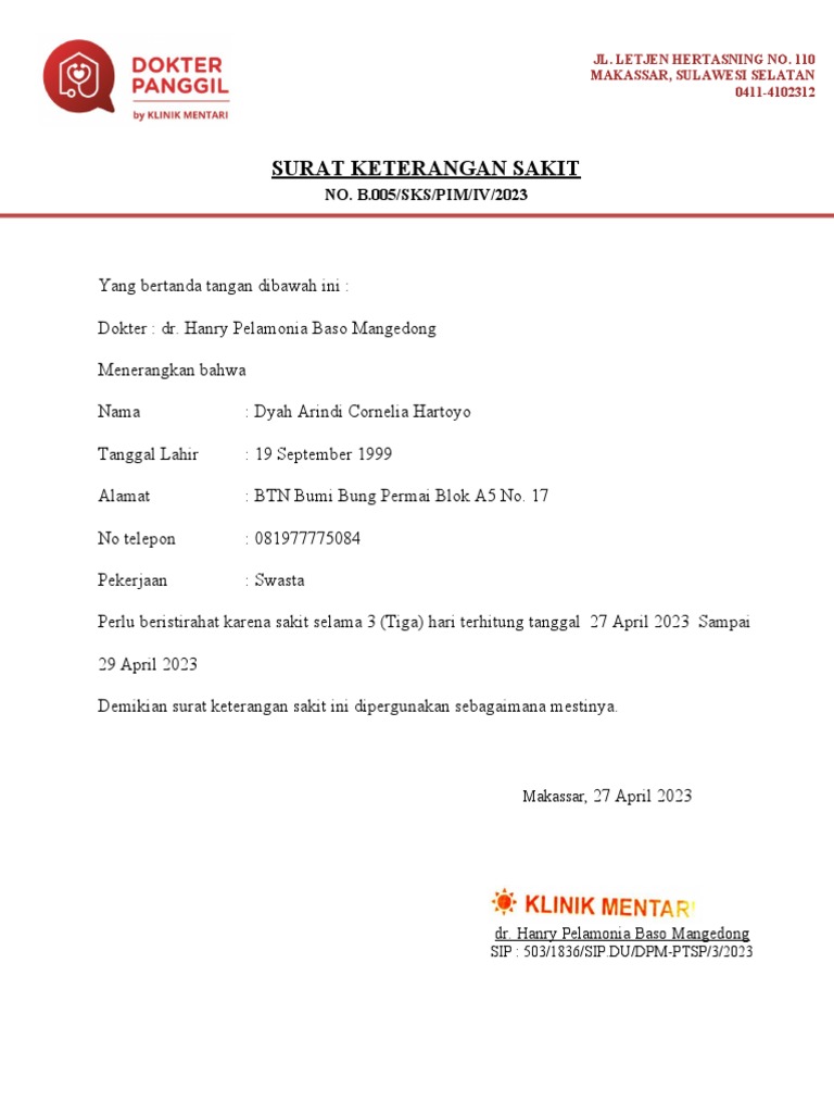 Surat Keterangan Sakit TTD Dr. Hanry Pelamonia | PDF