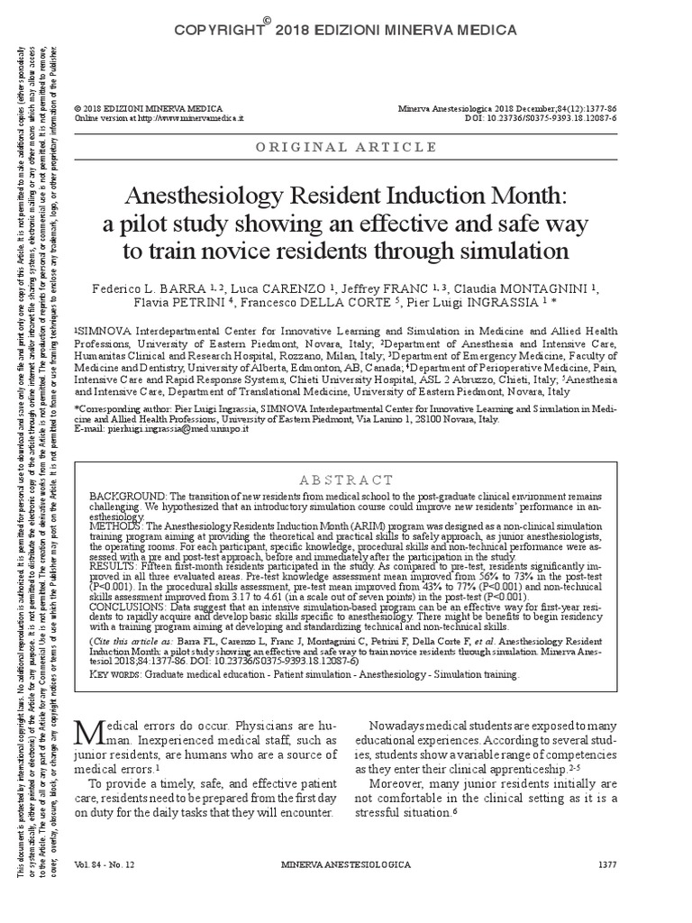 Anesthesiology Resident Induction Month: A Pilot Study Showing An Effective and Safe Way To ...
