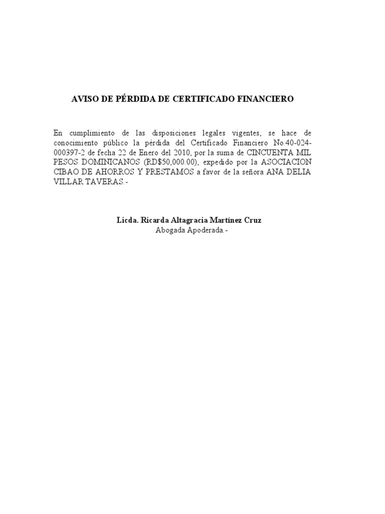 Aviso de Perdida de Certificado Financiero | PDF