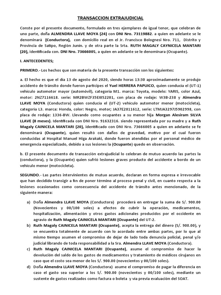 Transaccion Extrajudicial | PDF | Derecho