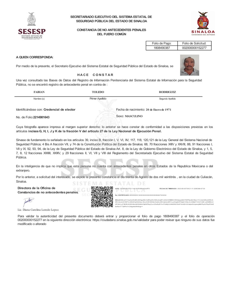Constancia de No Antecedentes Penales Sinaloa | PDF | Ciencias ...