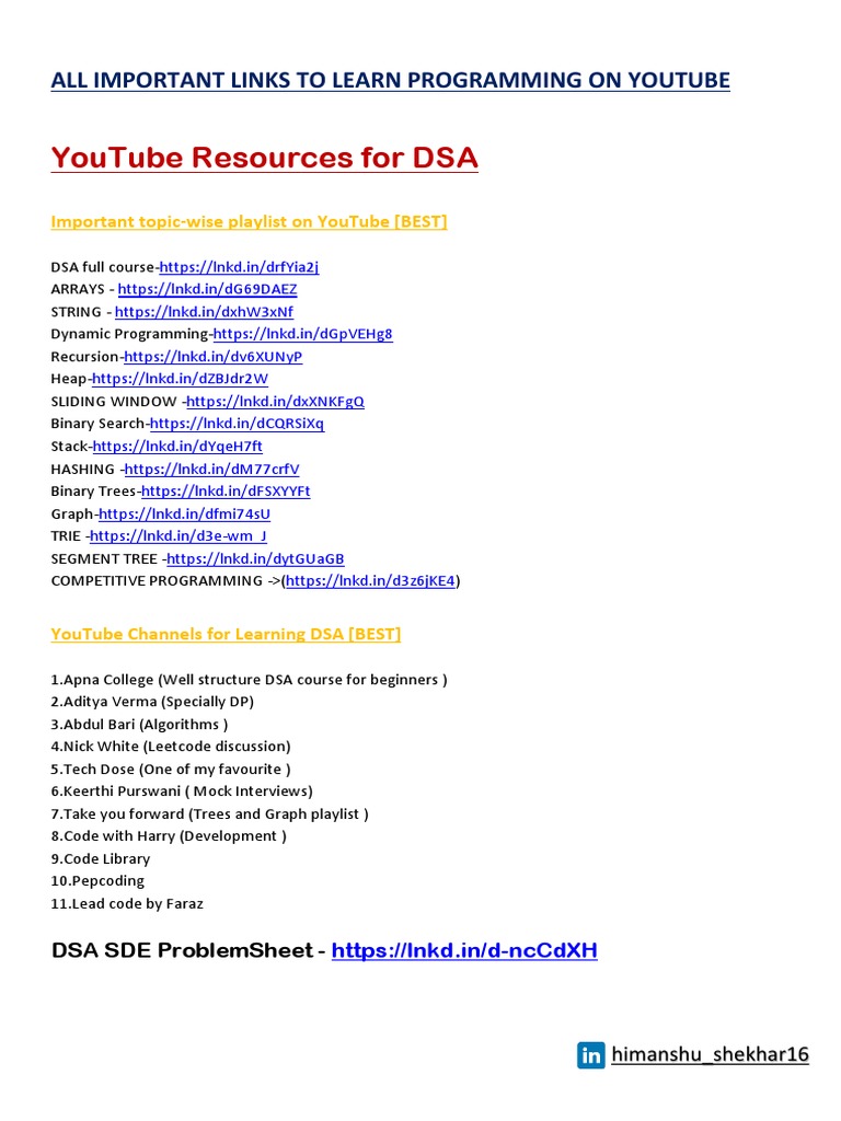 Youtube Links Sheet Pdf You Tube Computer Programming