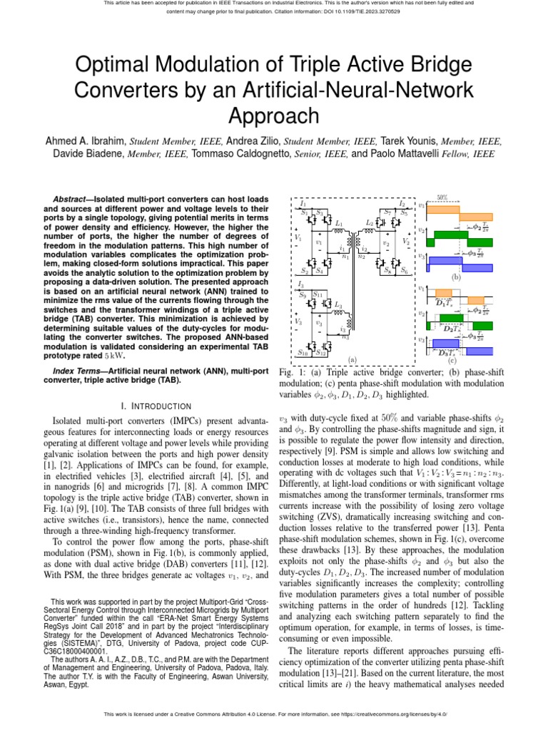 Optimal Modulation Of Triple Active Bridge Converters By An Artificial Neural Network Approach 