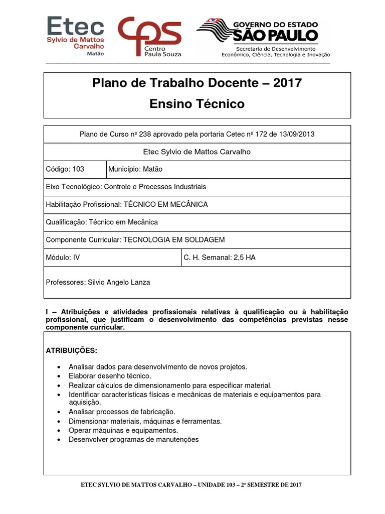 Plano de Trabalho Docente - 2017 Ensino Técnico: Etec Sylvio de Mattos Carvalho | PDF ...