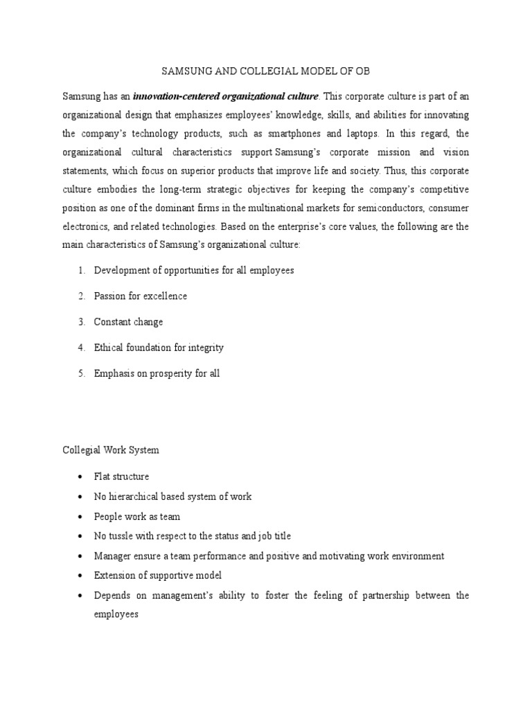Samsung and Collegial Model of Ob | PDF | Organizational Culture | Goal
