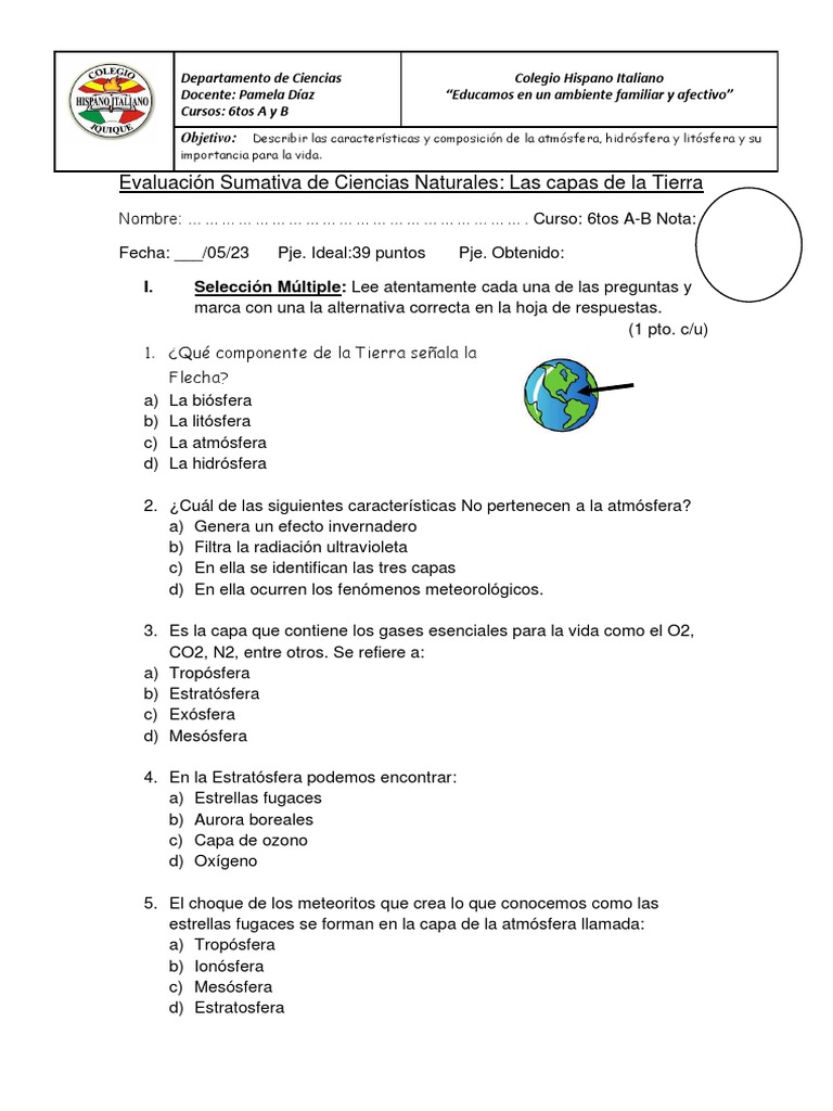 Evaluación Capas de La Tierra 6tos | PDF | Agua | Tierra
