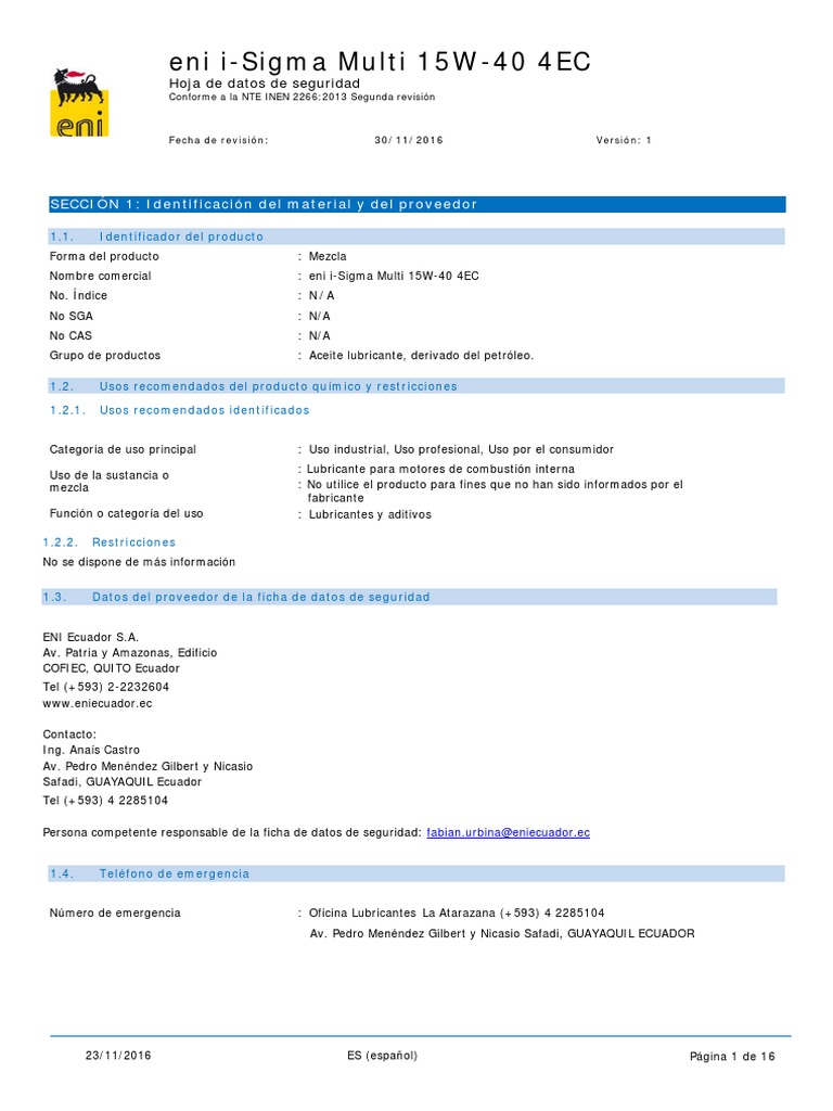 ITEM 3 MSDS - Eni I-Sigma Multi 15W-40 4EC | PDF | Agua | Agente oxidante