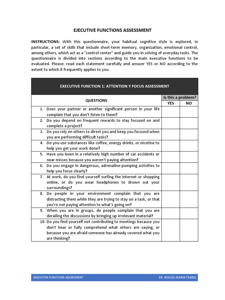 Executive Functions Assesment Pdf Attention Executive Functions