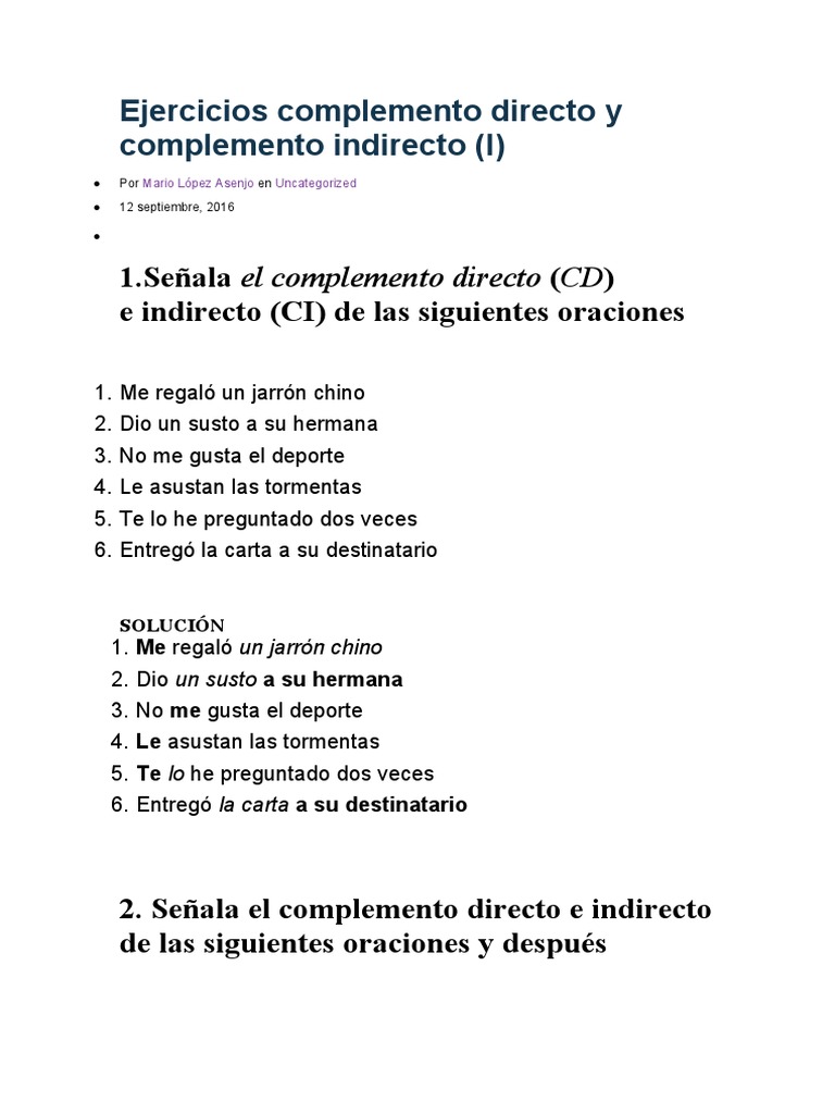 Ejercicios complemento directo y complemento indirecto | PDF