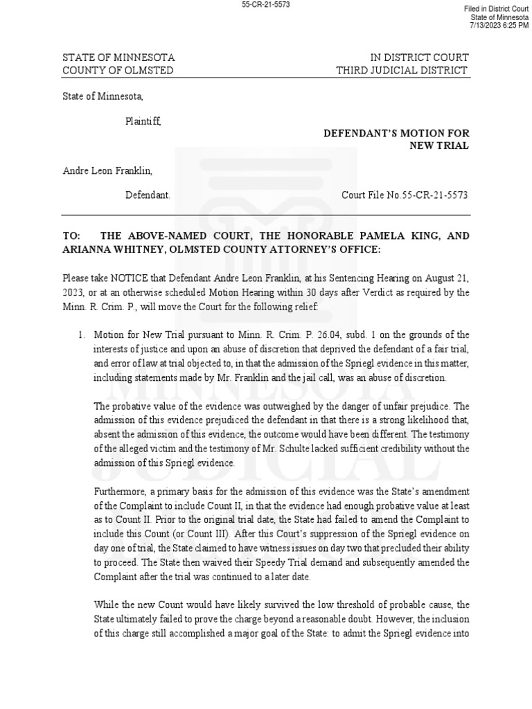 Defendant's Motion for New Trial | PDF | Relevance (Law) | Continuance
