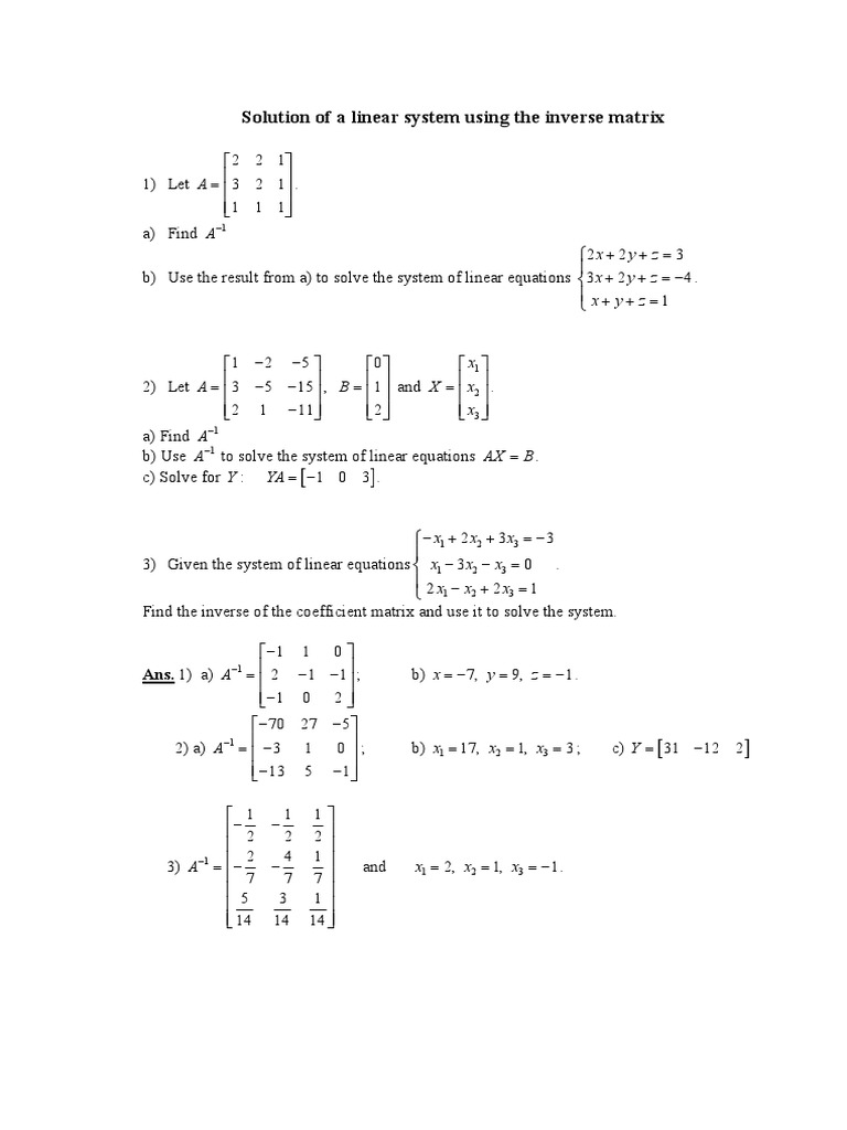 Solution of a System Using the Inverse Matrix | PDF