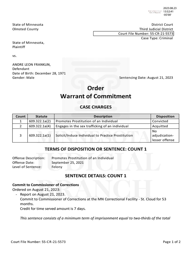 Warrant of Commitment | PDF | Sentence (Law) | United States Federal ...