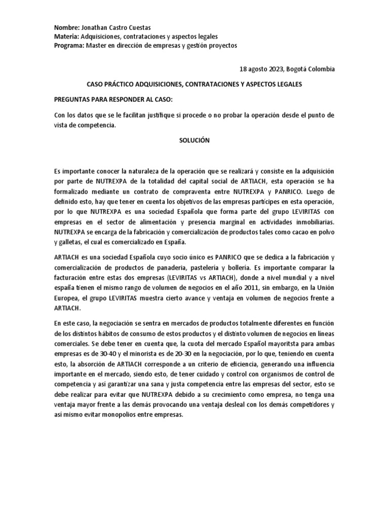 Análisis de Adquisición NUTREXPA-ARTIACH | PDF | Economias | Business