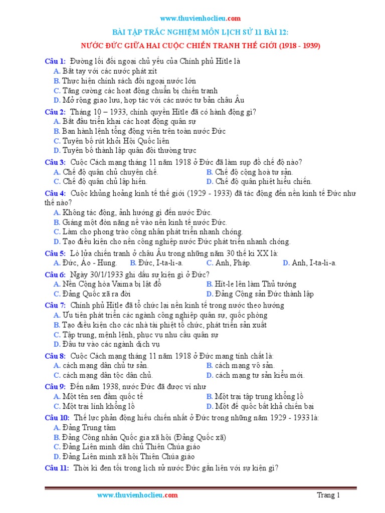 Trac Nghiem Lich Su 11 Bai 12 | PDF