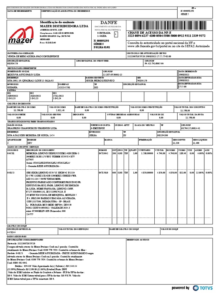 DANFE_010105_5000091293 | PDF | Recibo | Documento
