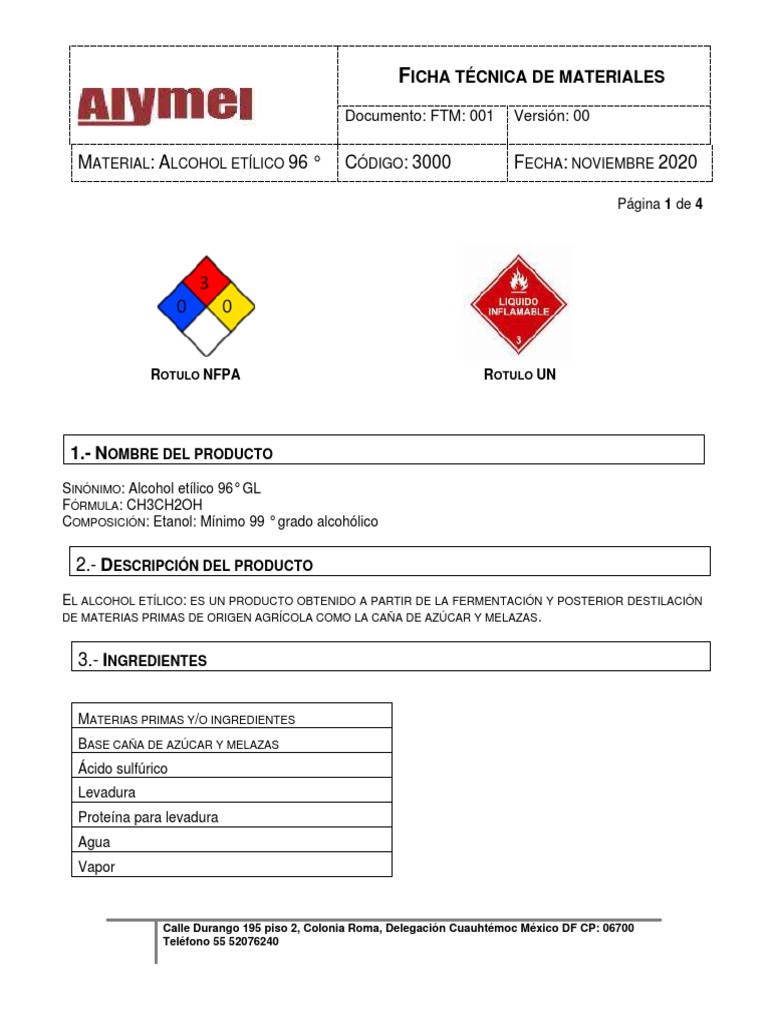 Codigo 3000 Ficha Tecnica de Alcohol Etilico 96 de Caña | PDF | Etanol ...